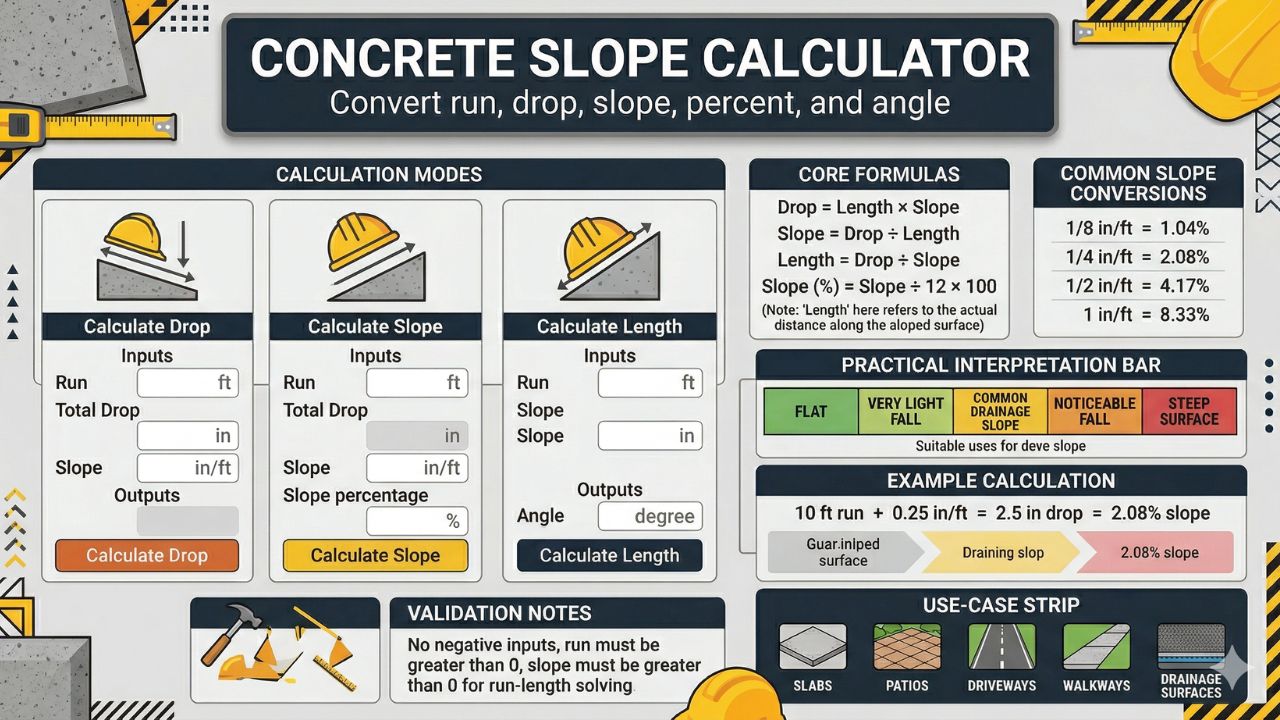 Concrete Slope Calculator for Drop, Run & Percent Grade