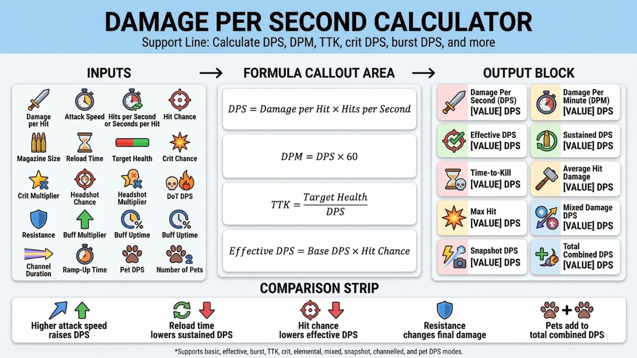 Damage Per Second Calculator With DPS, DPM, TTK & Crit Modes
