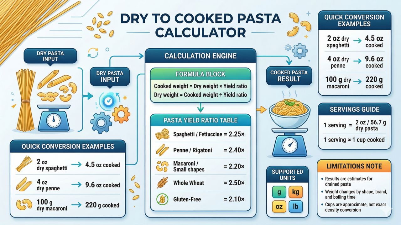 Dry to Cooked Pasta Calculator (Weight, Servings & Cups)