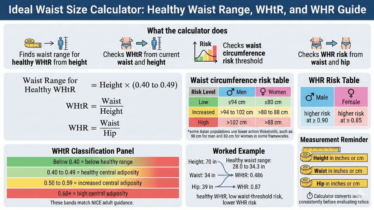 Ideal Waist Size Calculator by Height, WHtR, and WHR Risk
