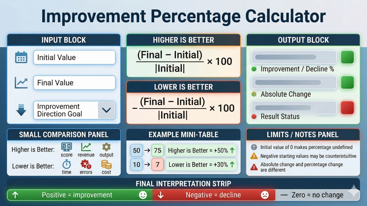 Improvement Percentage Calculator (Higher or Lower Better)