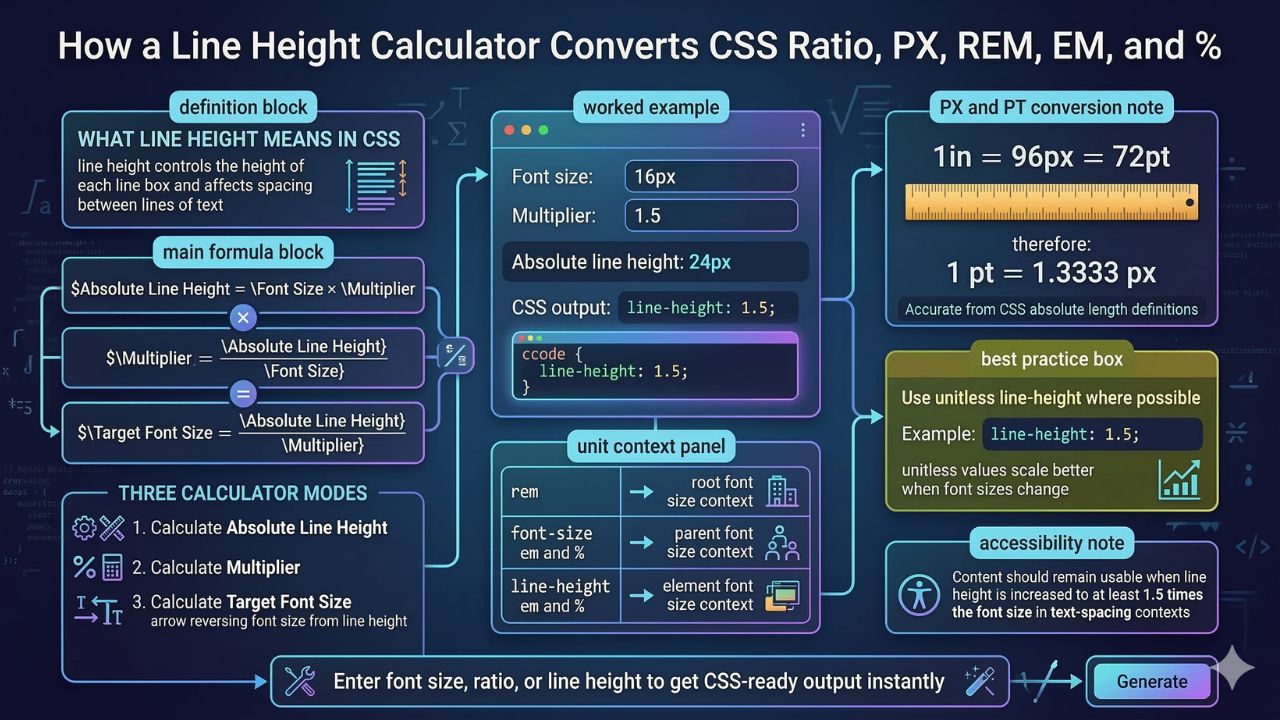 Line Height Calculator for CSS Ratio, PX, REM, EM, and