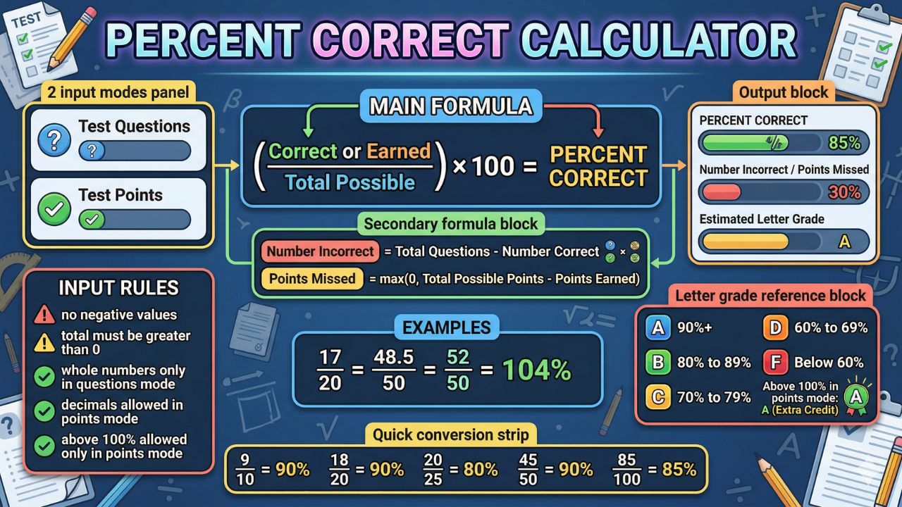 Percent Correct Calculator for Tests, Quiz Scores & Points