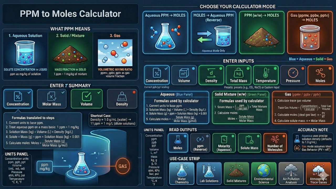 PPM to Moles Calculator – Convert ppm, ppb, ppt to mol