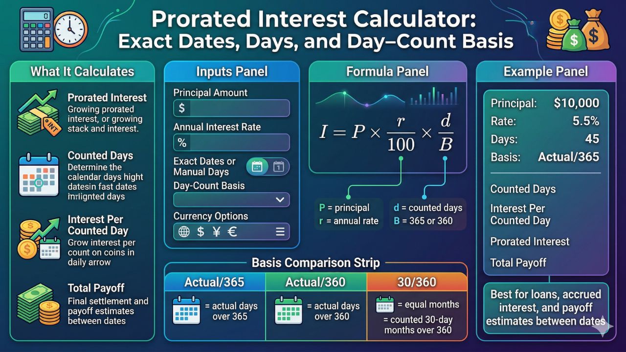Prorated Interest Calculator for Exact Dates, Days & Payoff