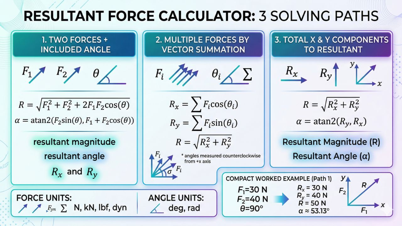 Resultant Force Calculator for Magnitude, Angle, and Vectors