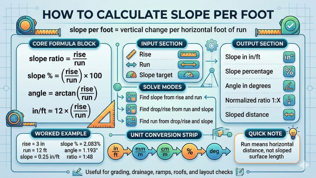 Slope Per Foot Calculator With Rise, Run, Percent & Degrees