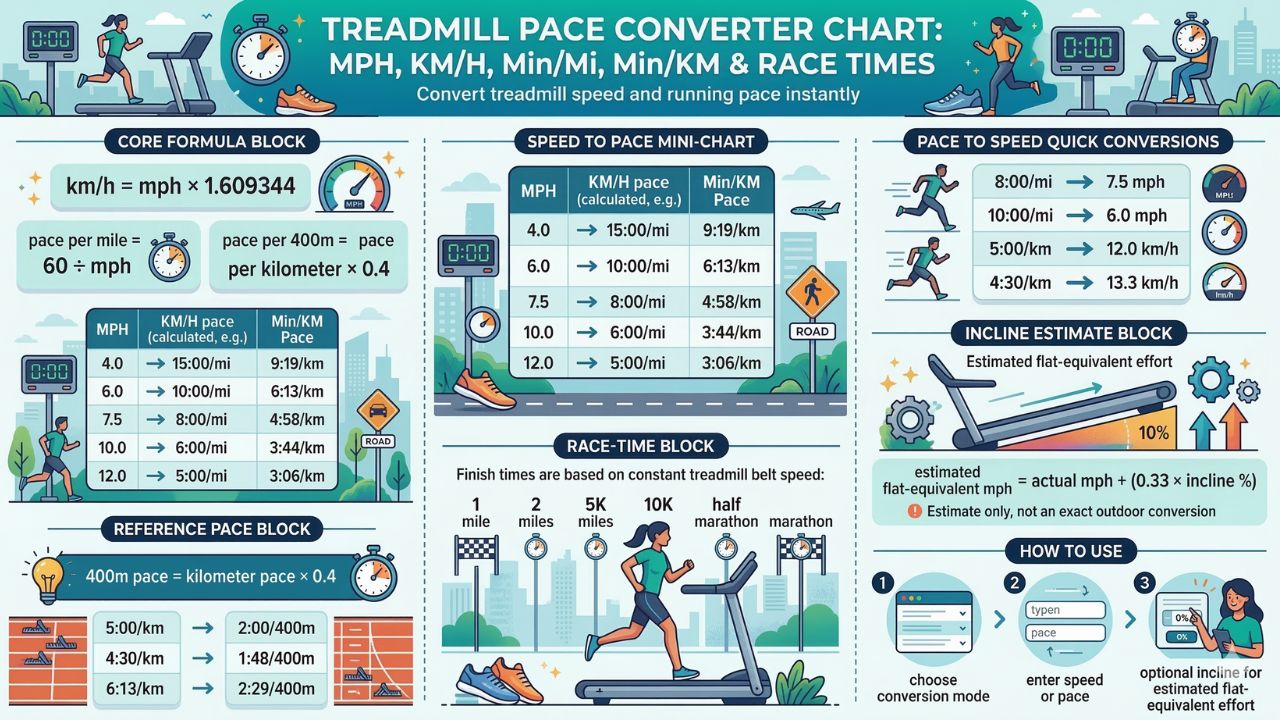 Treadmill Pace Converter: Speed to Pace, MPH, KM/H & Race Times