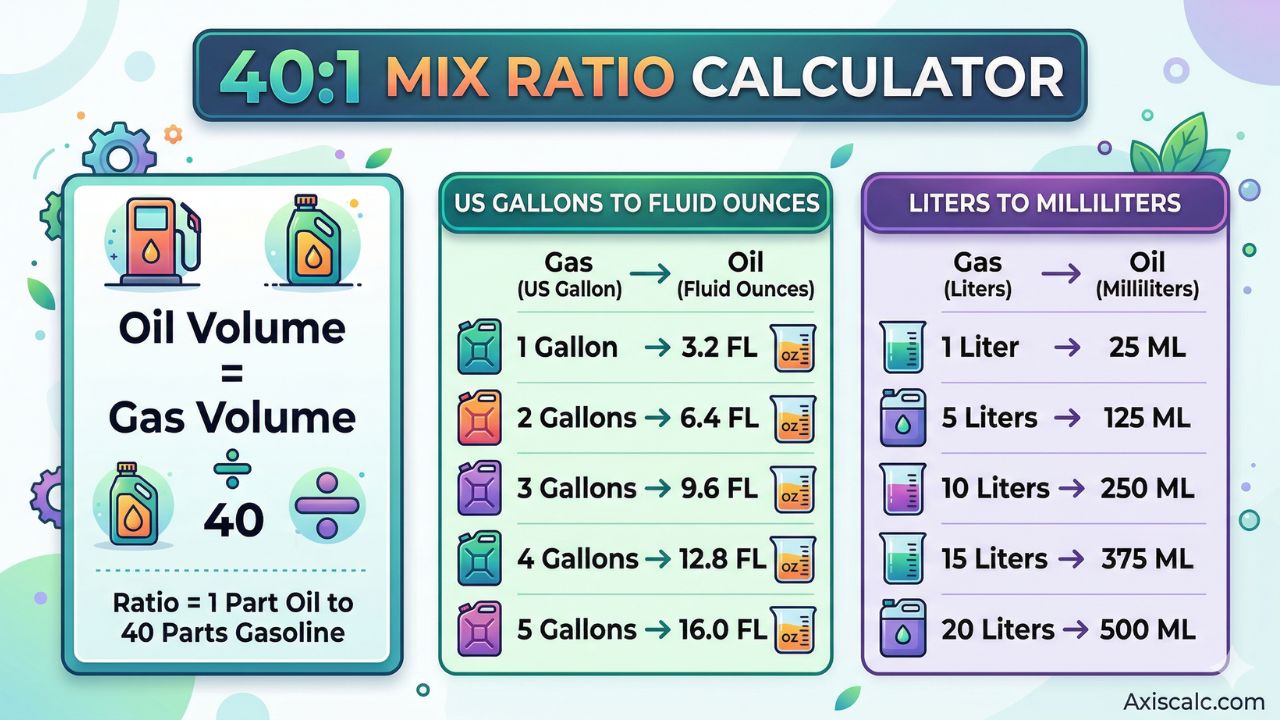 40 1 Mix Ratio Calculator for 2-Stroke Oil and Gas Fuel