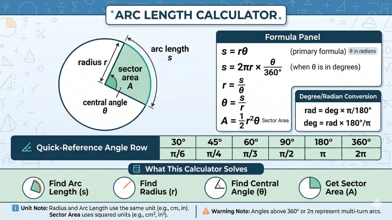 Arc Length Calculator With Radius, Angle, Sector Area & Units