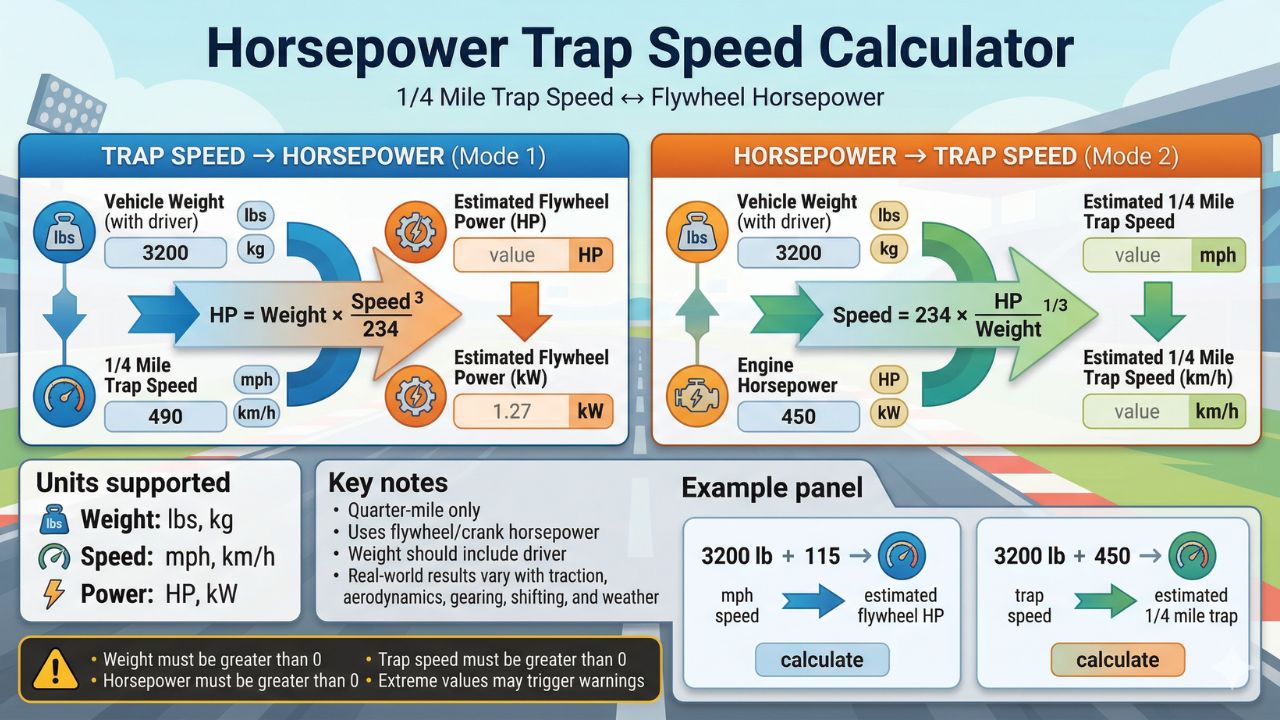 1/4 Mile Horsepower Trap Speed Calculator by Vehicle Weight