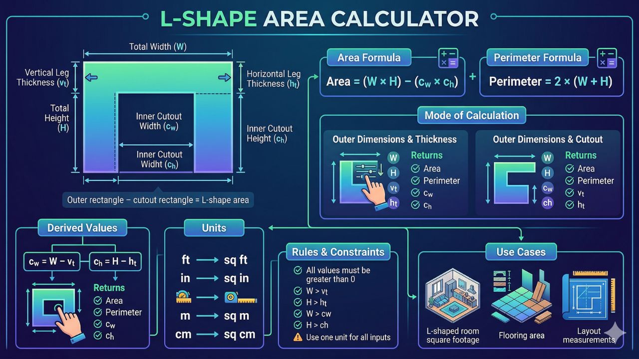 L-Shape Area Calculator with Perimeter, Cutout & Thickness